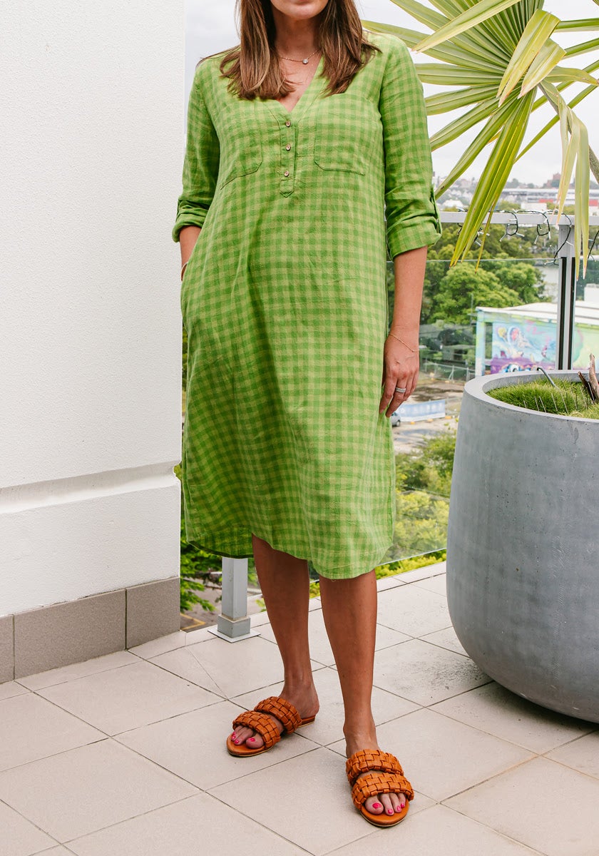 Soul Sparrow 3/4 Button Shirt Dress - Apple Green Check | The ...